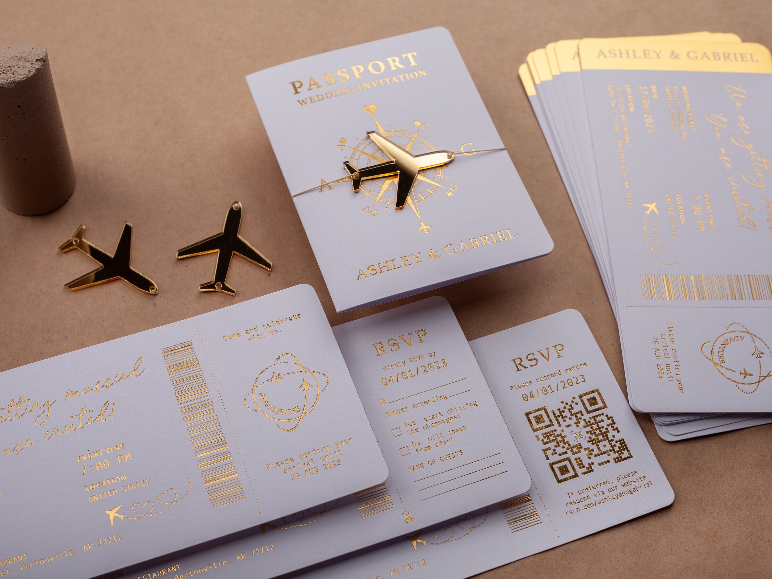 Passport Wedding Invitation, Boarding Pass Invite, White and Gold Foil ...