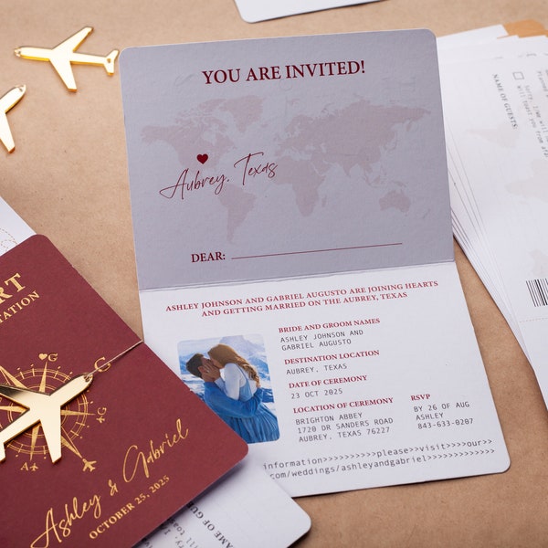 Burgundy & Gold Foil Passport-style Destination Wedding Invitation With ...