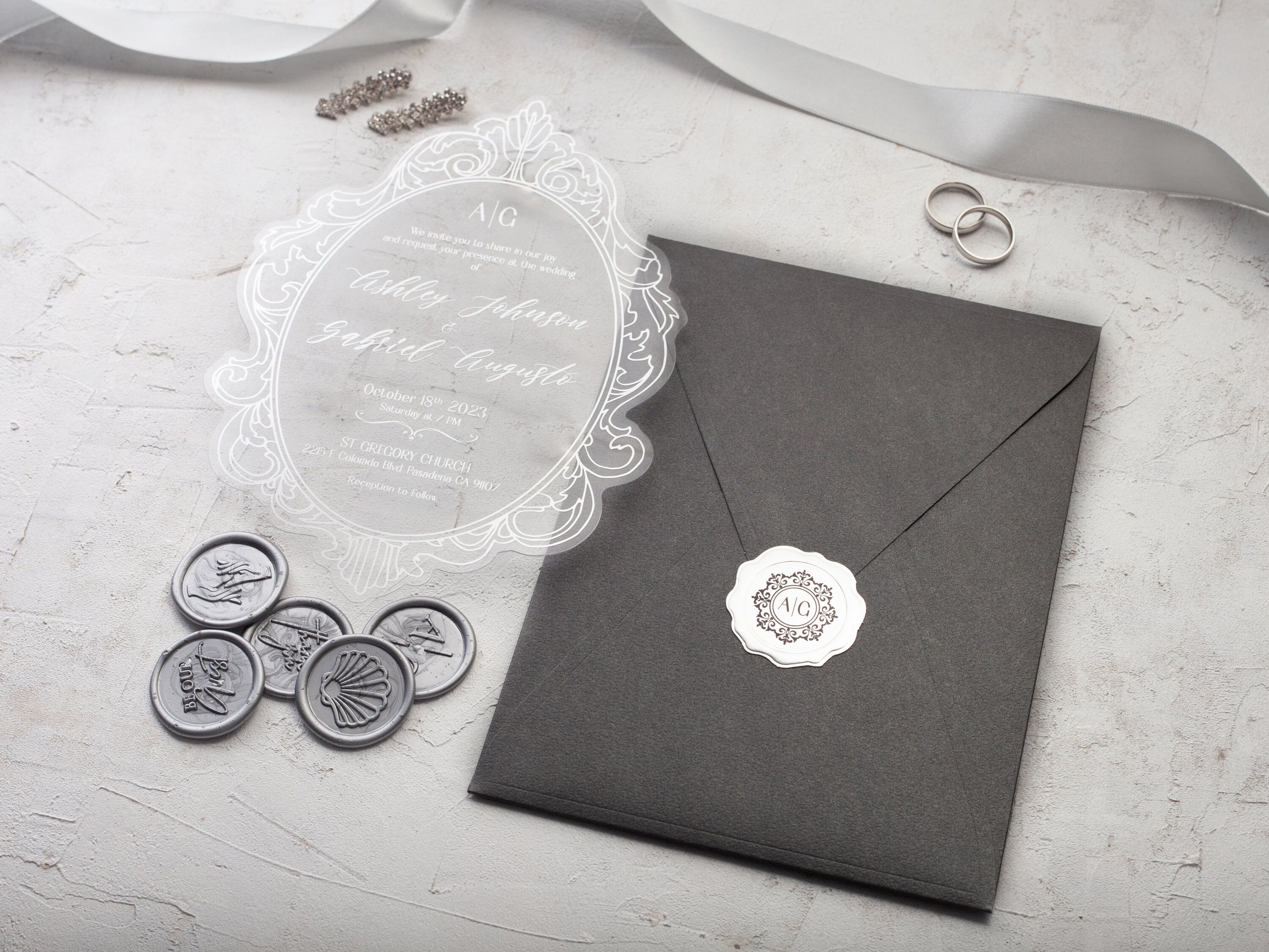 Gray Invitation, Gray Acrylic Invitation, Silver Foil Printed Acrylic ...