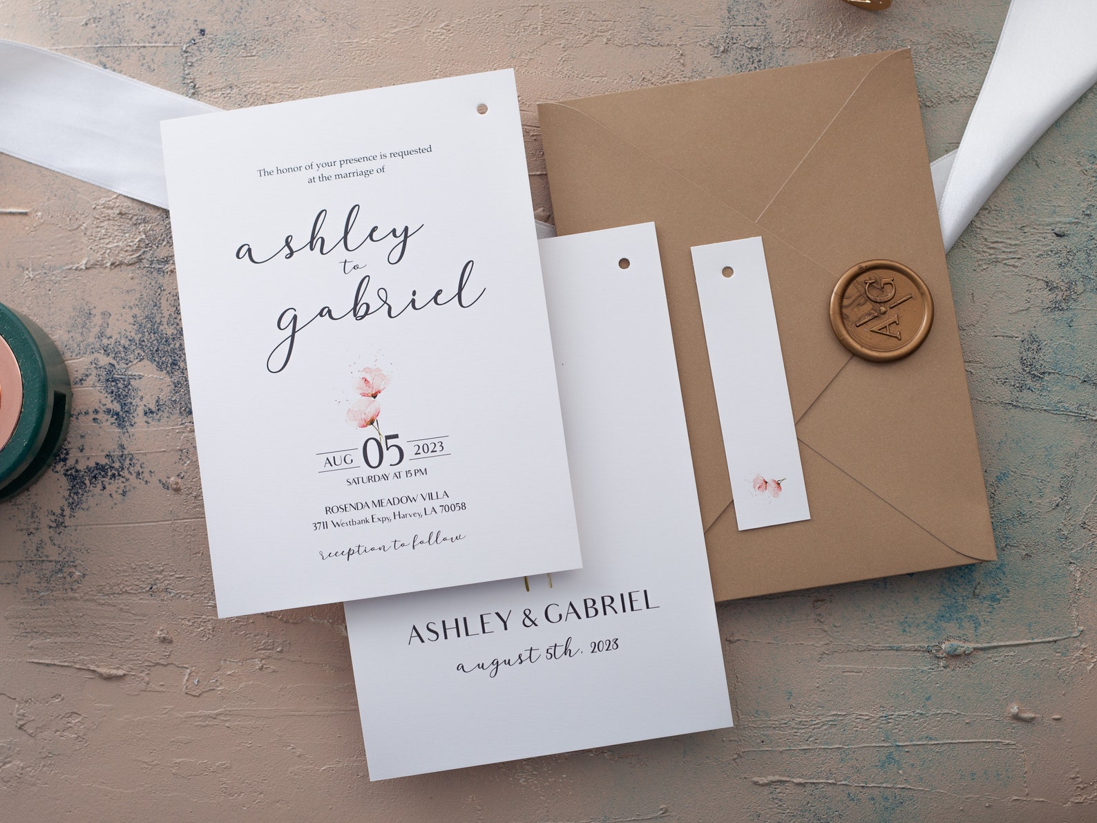 Name-tagged Script, Floral Wedding Invite With Ecru Envelope & Wax Seal ...