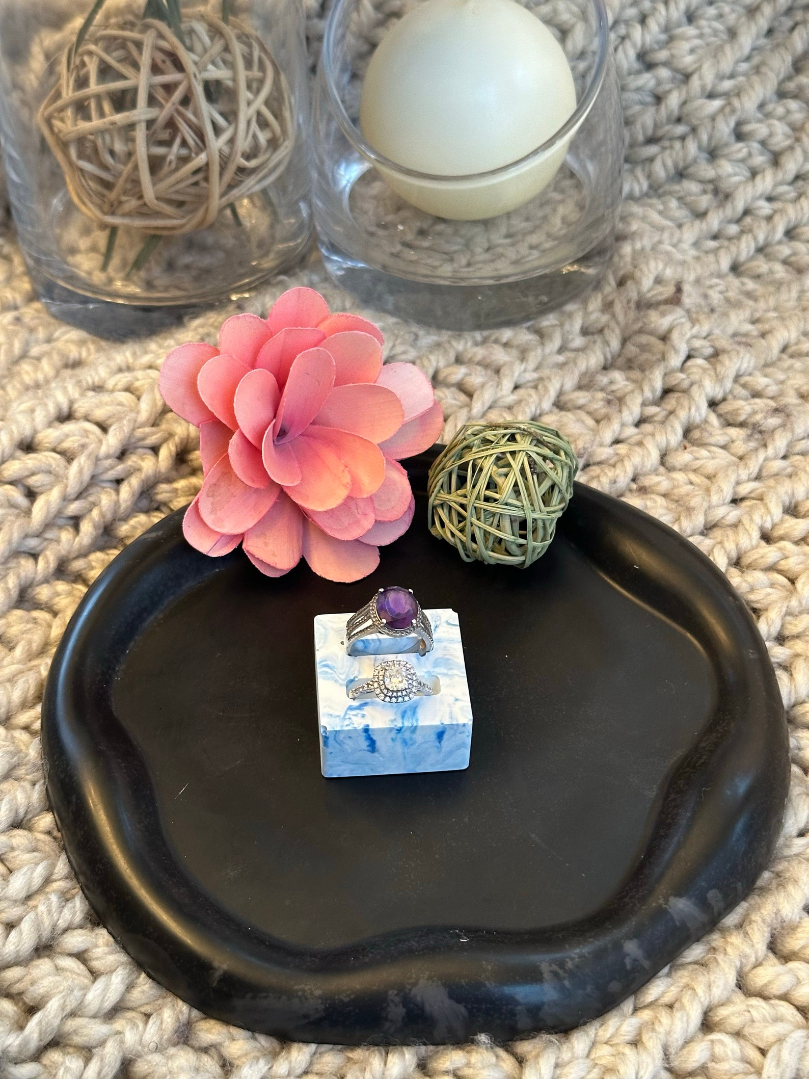 Blue and White Marble Ring Holder Small Concrete Ring Holder Vanity Decor Wedding Ring Storage ...