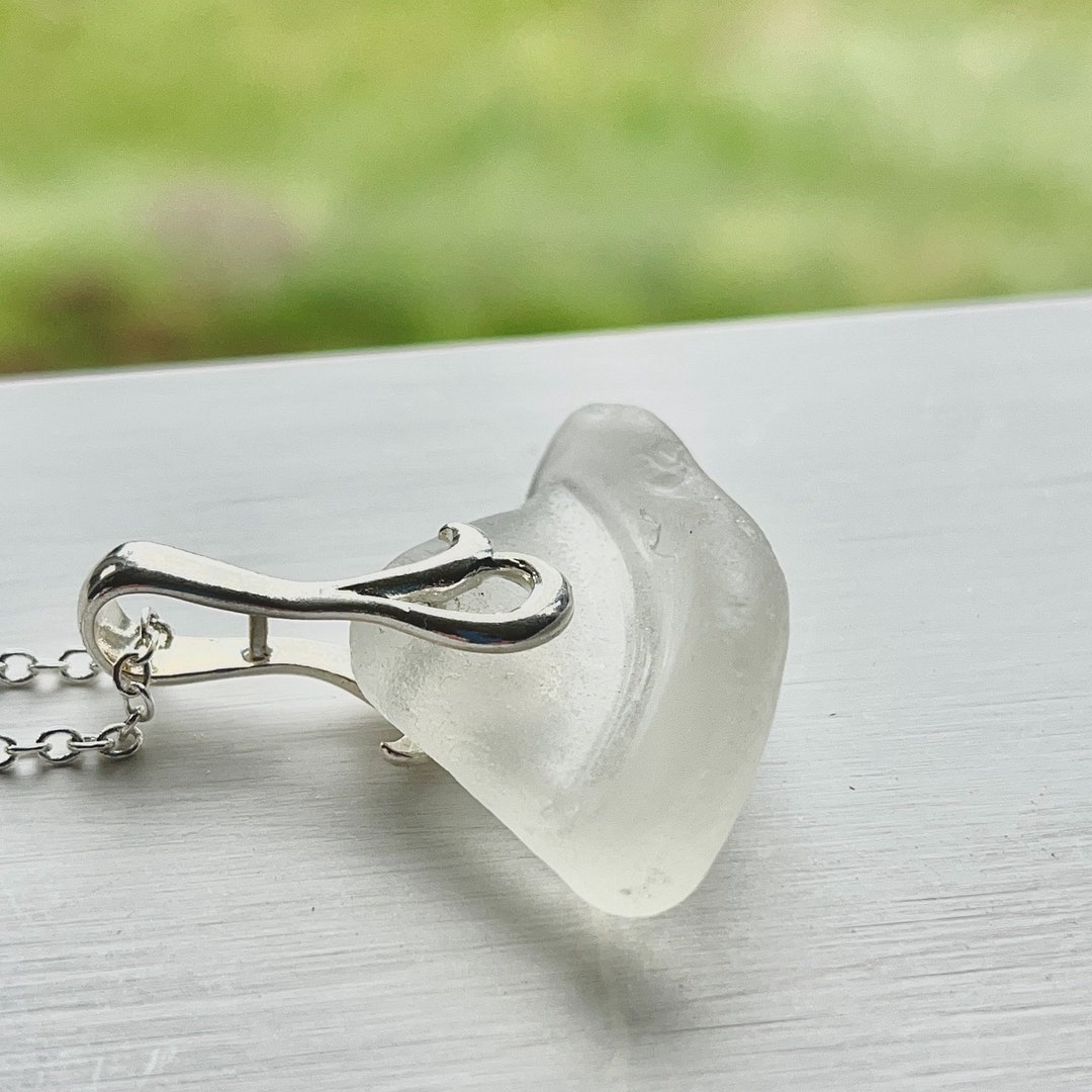 Iced White Sea Glass Necklace, Ocean Glass on Silver Adjustable Chain ...