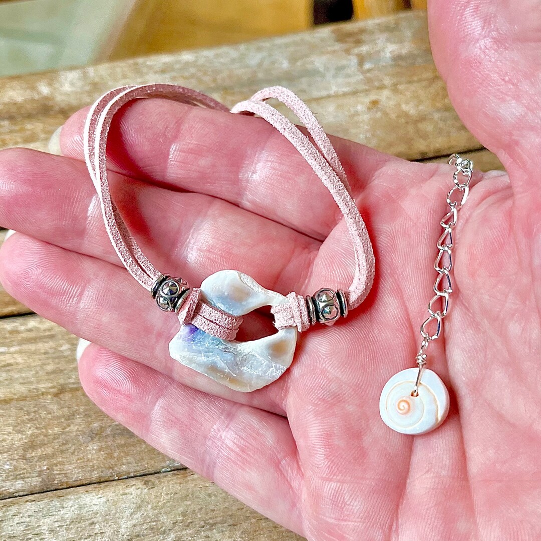 Pinkish White Seashell Necklace Pink Suede Shell Fragment Choker Silver ...