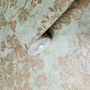 Textured Wallpaper Green Metallic Bronze Vintage Rusted Diamond Floral ...