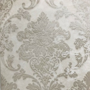 Wallpaper Rustic Ivory Beige Metallic Textured Victorian Vintage Damask ...