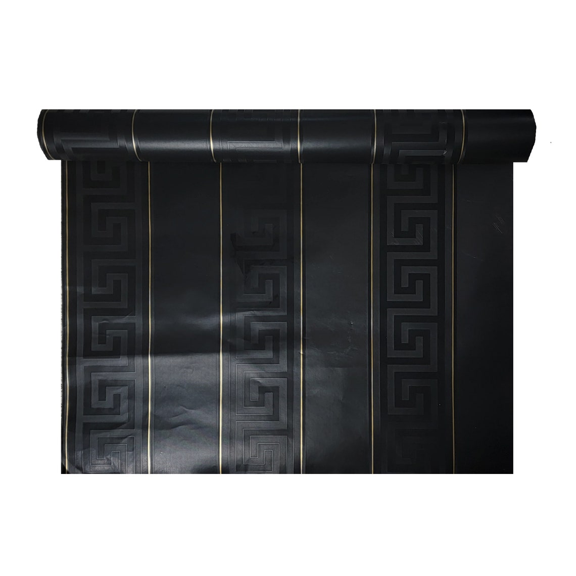 Greek Key Stripped Black Gold Metallic Textured Wallpaper 3D Illusion ...