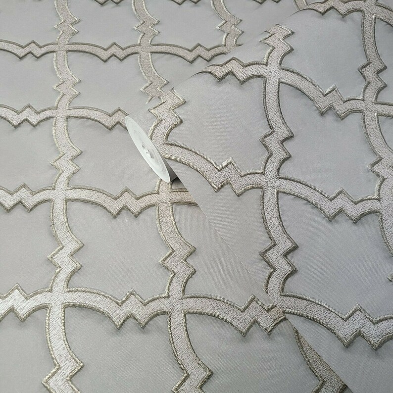 Gray Bronze Gold Metallic Geometric Faux Fabric Textured Trellis Lines ...