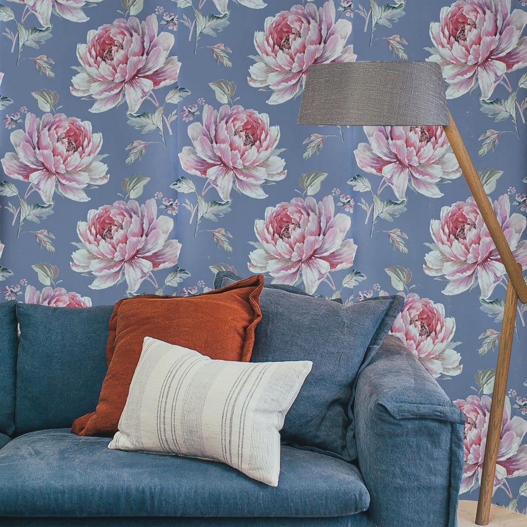 Gray Blue Metallic Pink Floral Large Peony Blossom Flowers Biedermeier ...