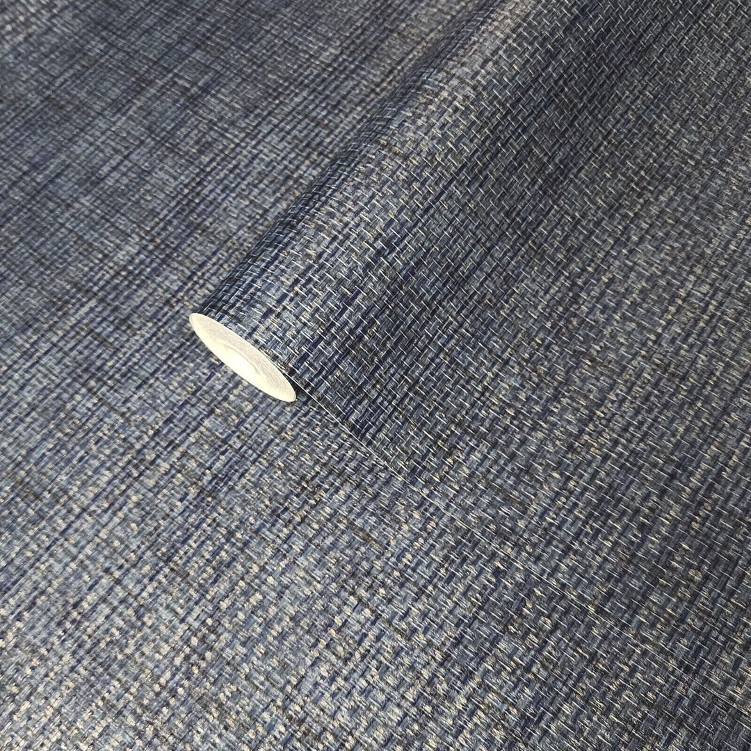 Modern Plain Dark Blue Silver Faux Paper Weave Grasscloth Woven ...