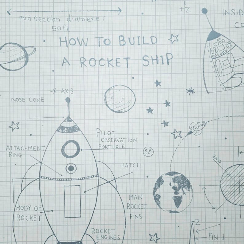 Gray off White Grid Rocket Ship Diagram Drawing Kids Play Nursery Room ...