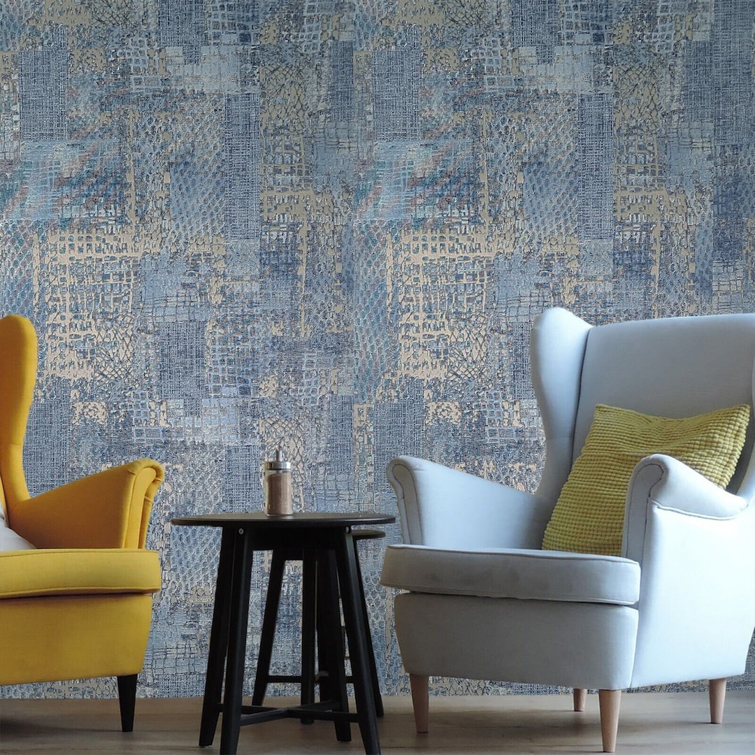 Abstract Modern Embossed Blue Gray Gold Metallic Faux Fabric Textured ...