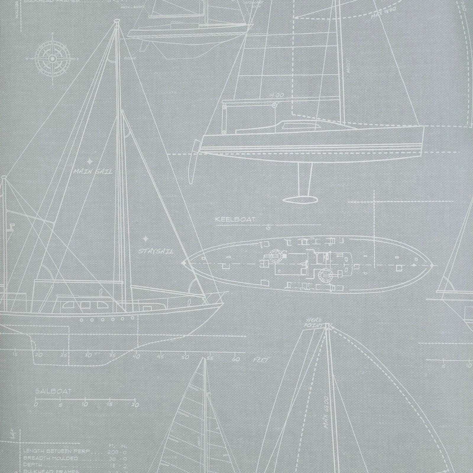 Baby Blue Nautical Blueprint Sailing Boat Coastal Marine Drawings ...