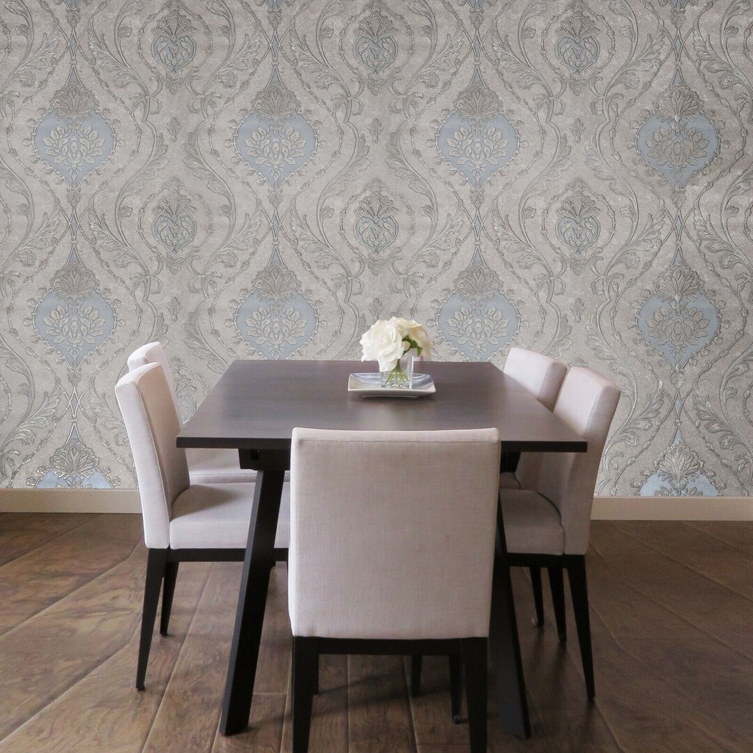 Embossed Victorian Tan Cream Gray Brass Metallic Ogee Damask Textured ...