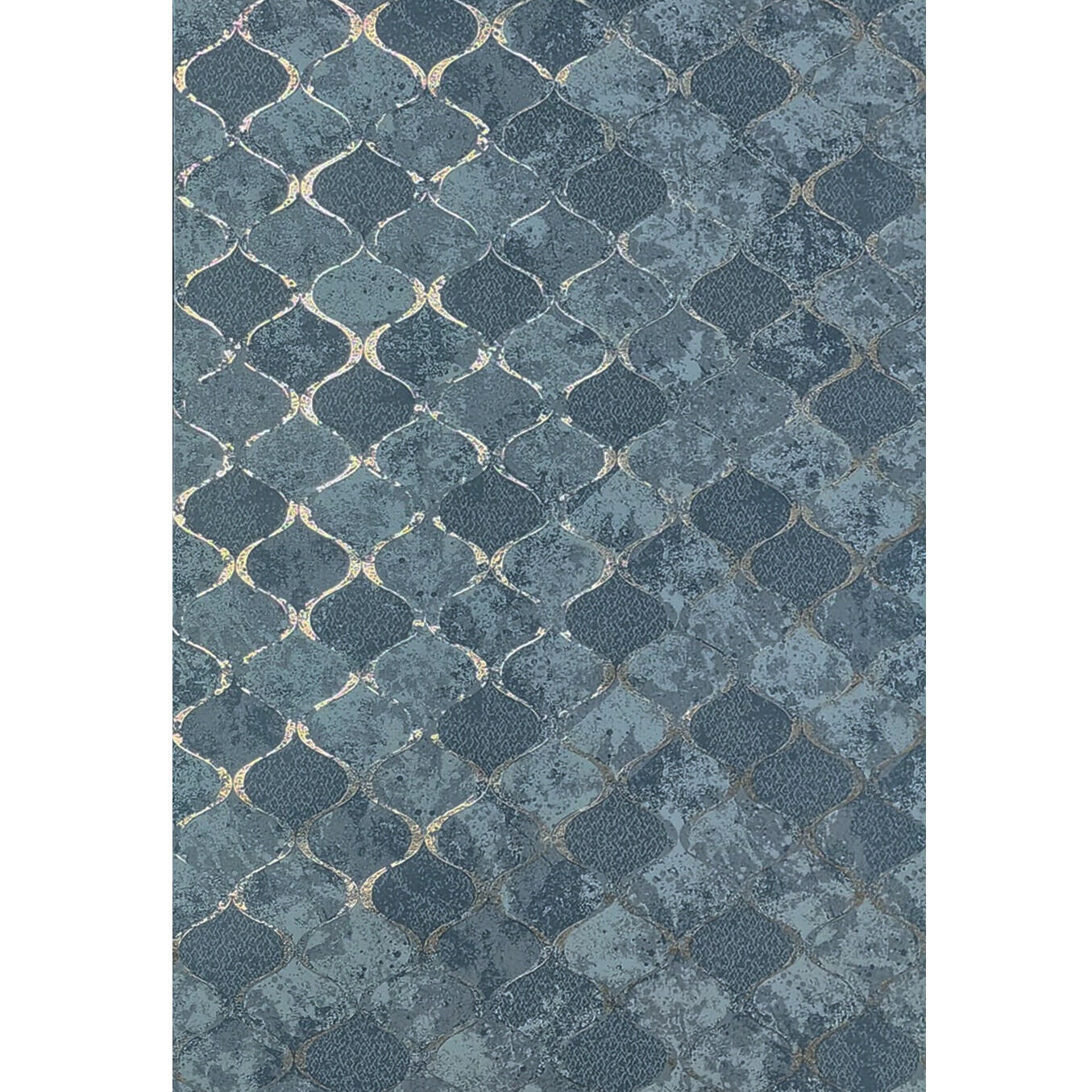 Pilak Matte Blue Gold Metallic Ogee Diamond Trellis Distressed Pattern ...