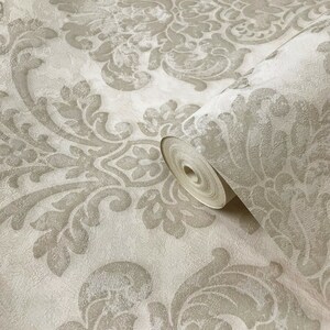 Wallpaper Rustic Ivory Beige Metallic Textured Victorian Vintage Damask ...