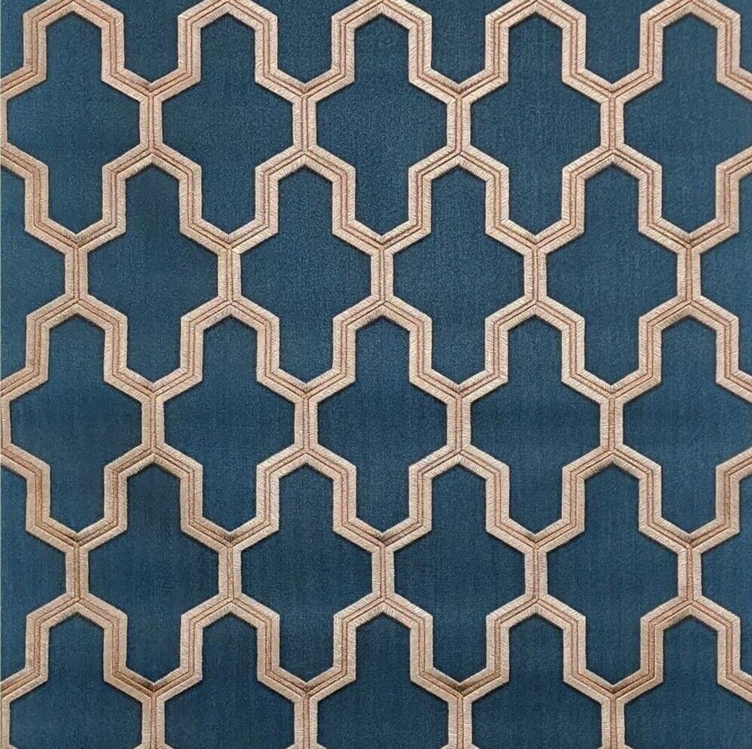 Navy Blue Gold Bronze Metallic Faux Fabric Geo Trellis Textured Modern ...