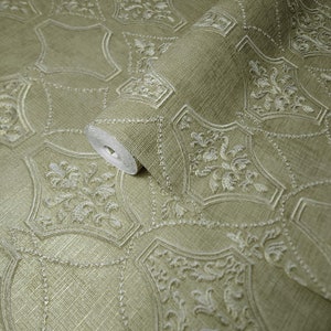 Distressed Brass Gold Metallic Lattice Damask Faux Grasscloth Textured ...