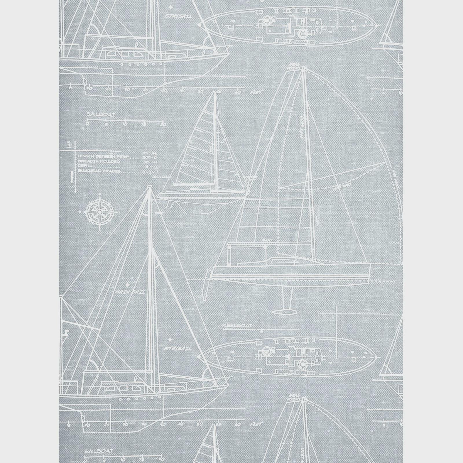 Baby Blue Nautical Blueprint Sailing Boat Coastal Marine Drawings ...