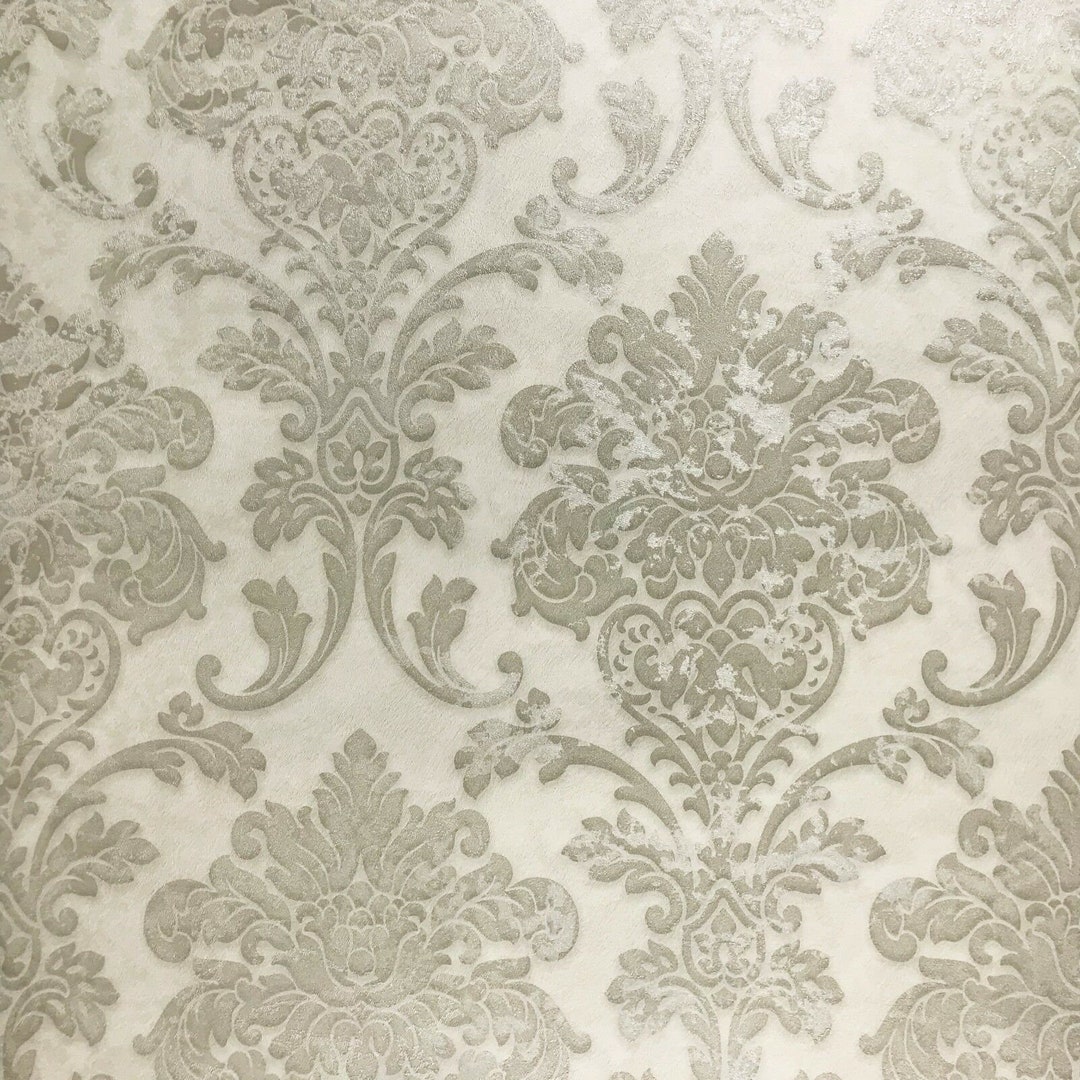 Wallpaper Rustic Ivory Beige Metallic Textured Victorian Vintage Damask ...