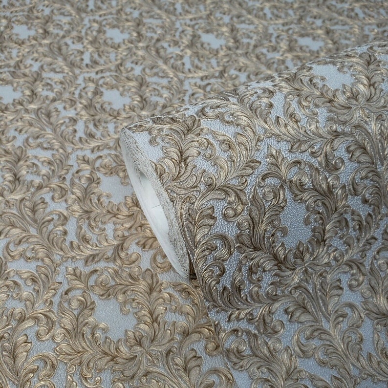 Embossed Wallpaper Victorian Vintage Damask Gray Gold Brass - Etsy