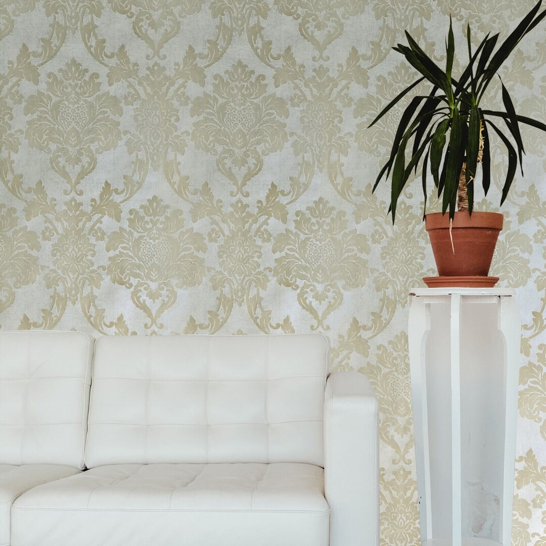 Wallpaper Flocking Rustic Beige Flocked Vintage Damask Velvet ...