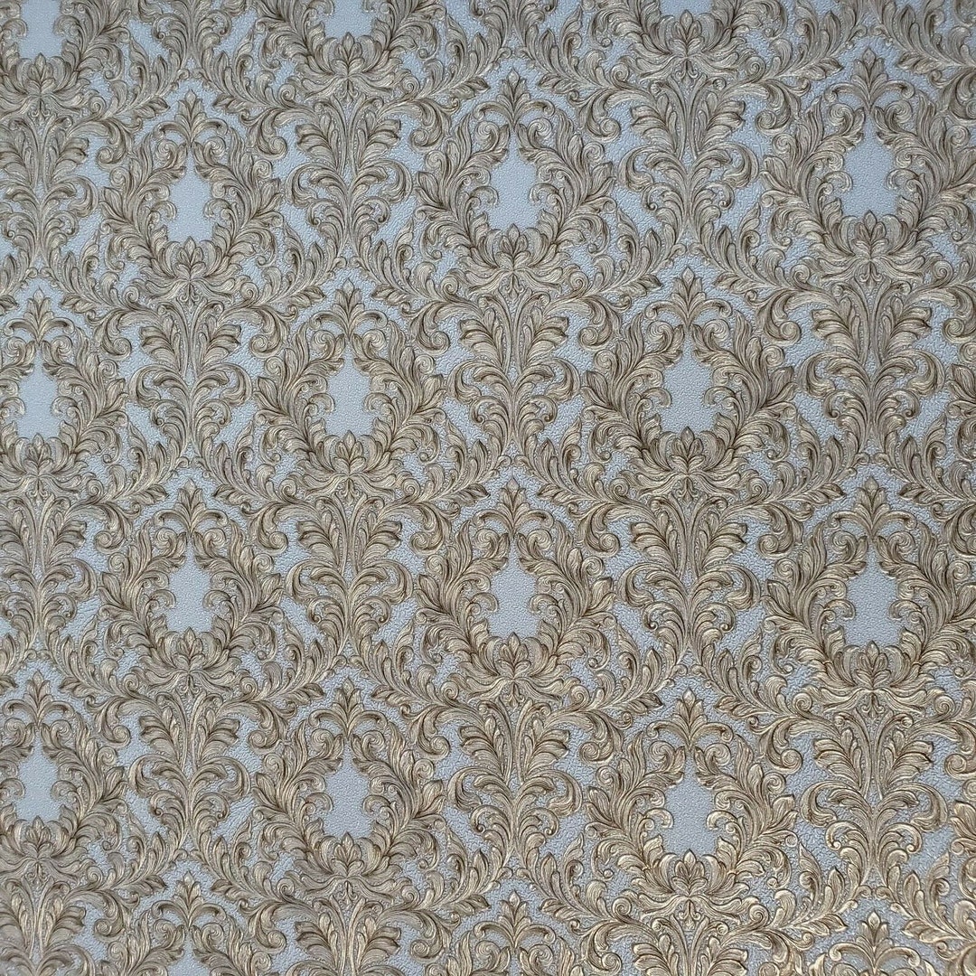 Embossed Wallpaper Victorian Vintage Damask Gray Gold Brass Metallic ...