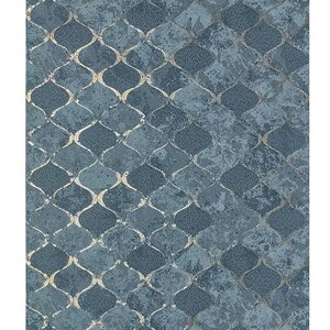Pilak Matte Blue Gold Metallic Ogee Diamond Trellis Distressed Pattern ...