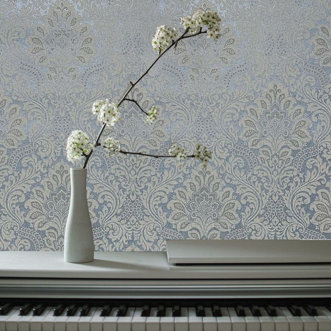 Gray Graphite Blue Metallic off White Damask Victorian Natural Cork ...