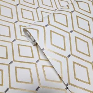 White Gold Metallic Diamond Duo Geometric Pattern Geo Modern Wallpaper ...