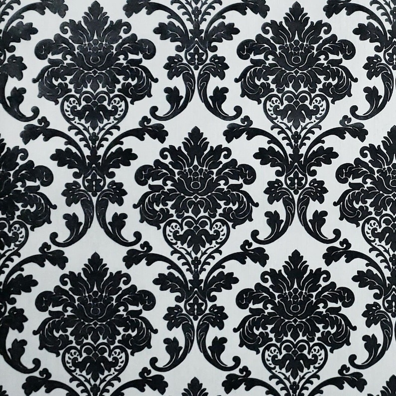 Wallpaper Flocking Black White Silver Metallic Flocked Vintage Velvet ...