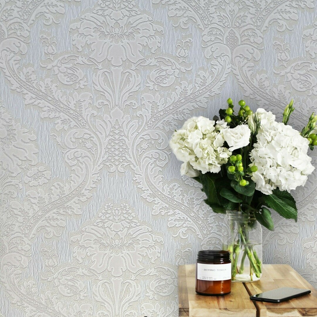 Embossed Wallpaper Beige Gray Silver Metallic Heavy Textured Victorian ...
