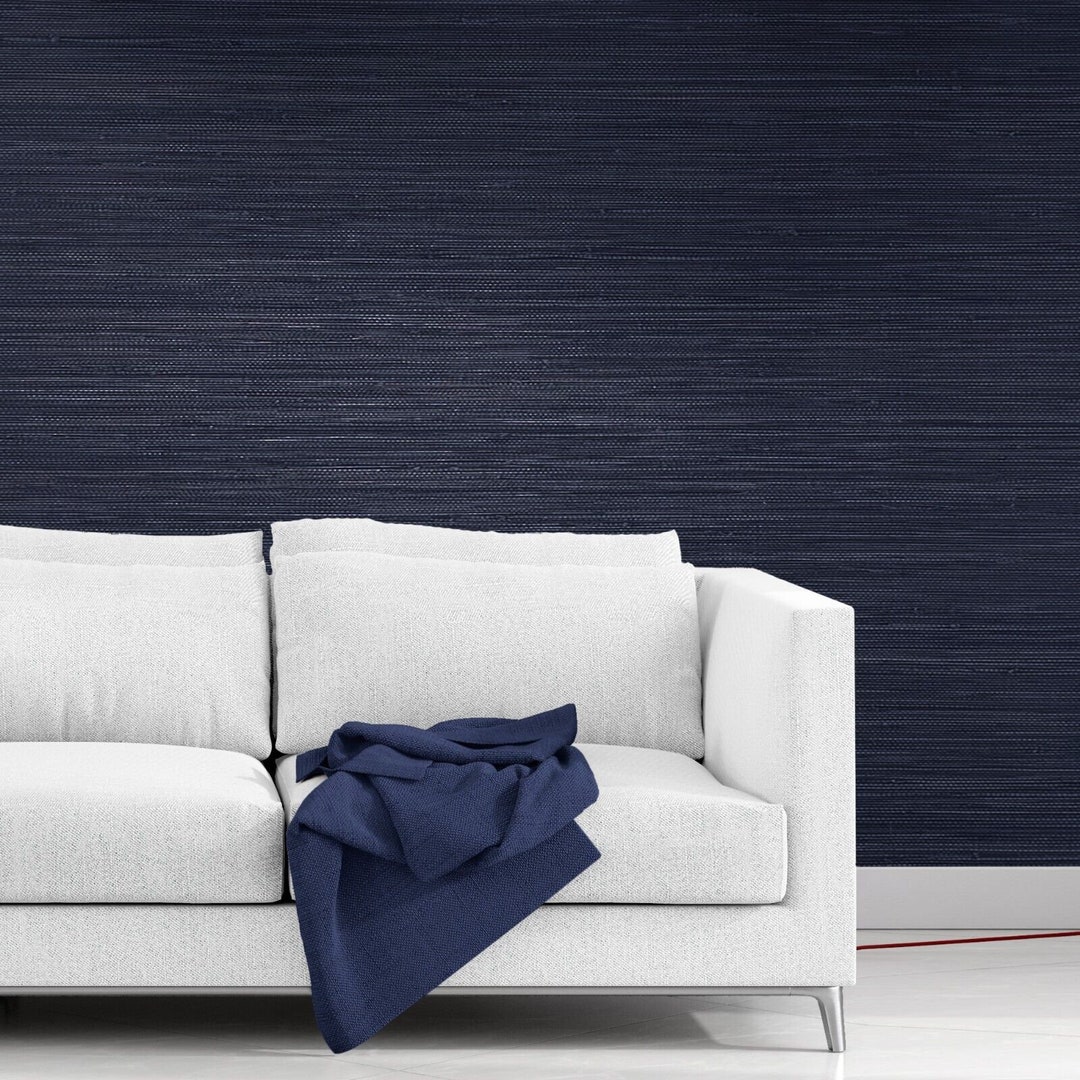 Dark Navy Blue Heavy Vinyl Faux Grasscloth Textured Plain Wallpaper ...