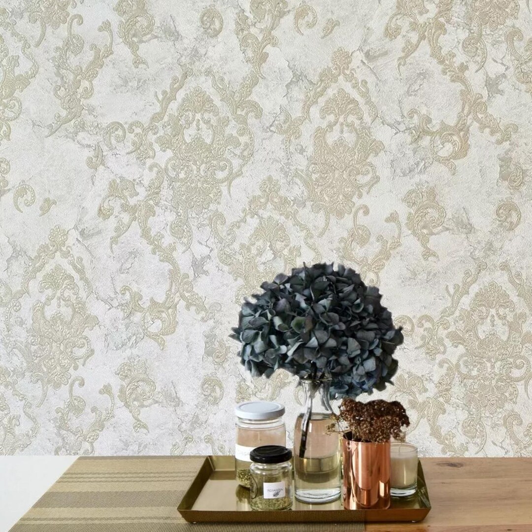 Grayish Ivory Gold Metallic Sparkle Plaster Textured Victorian Damask ...