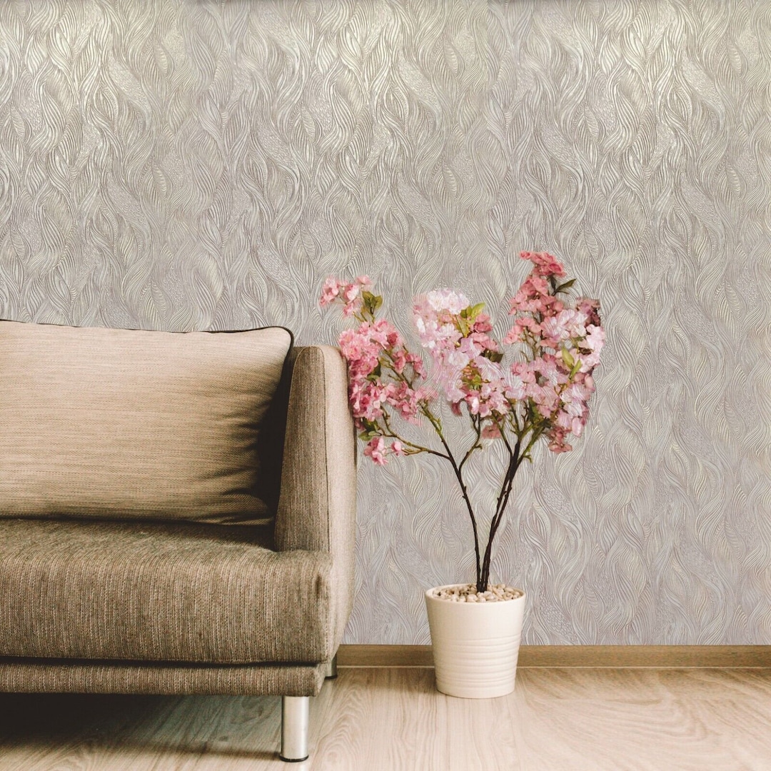 Embossed Gold Silver Metallic Heavy Textured Wave Lines Faux Fabric ...