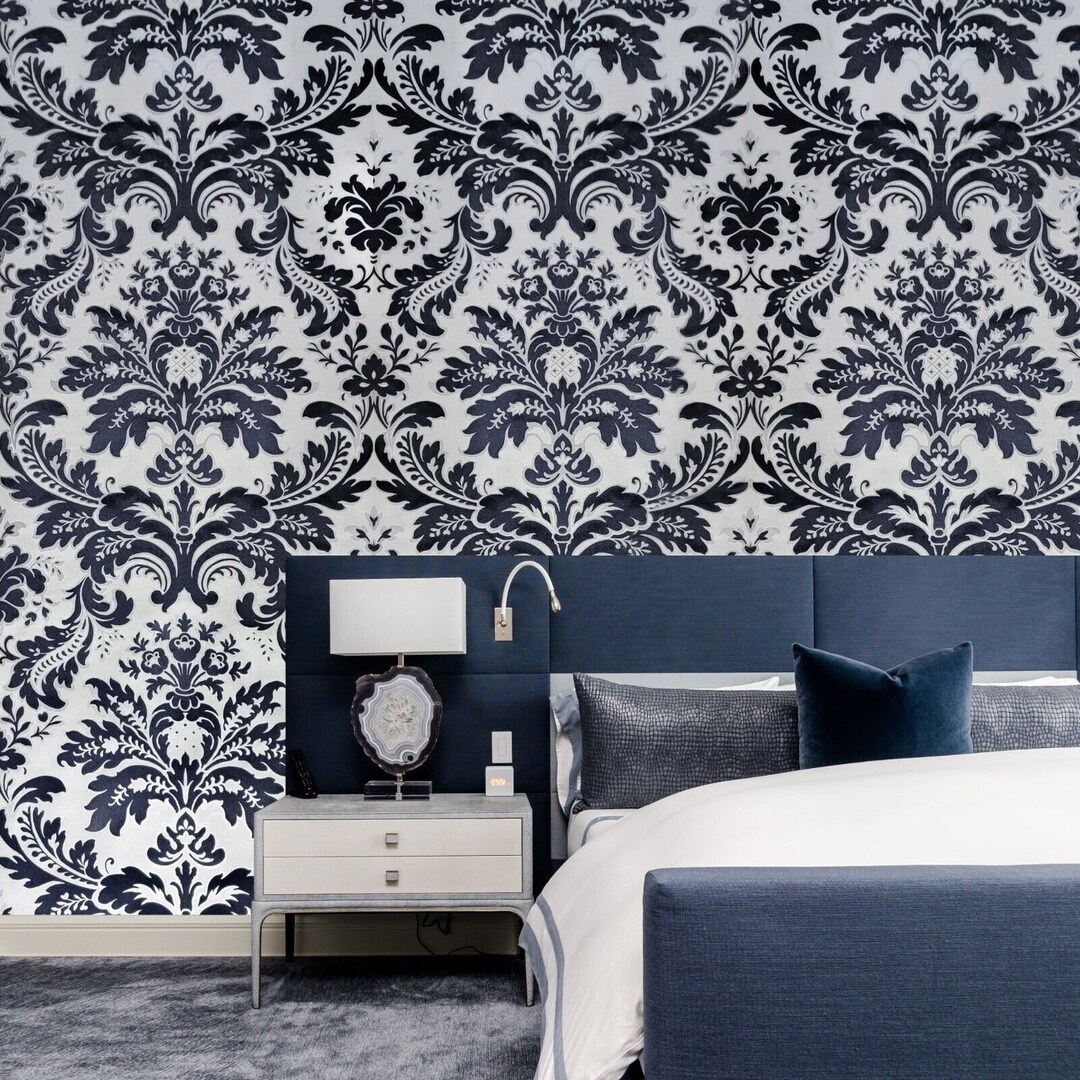 Wallpaper Flocking Navy Blue Silver Gray Metallic Flocked Damask Velvet Flock 3D - Etsy