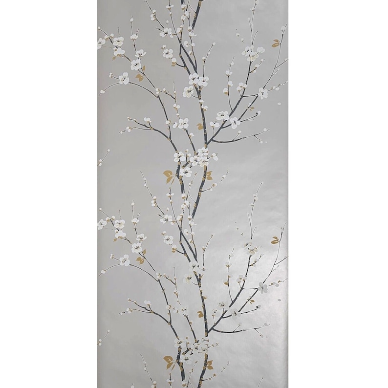 Monterey Silver Metallic Mist Floral Gray Trees Branches White Flowers ...
