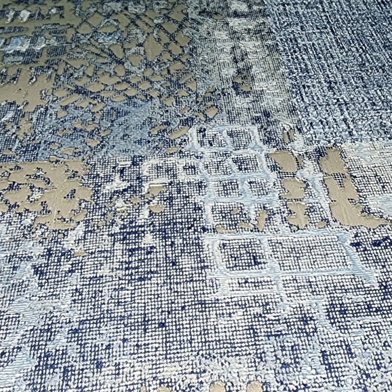 Abstract Modern Embossed Blue Gray Gold Metallic Faux Fabric Textured ...