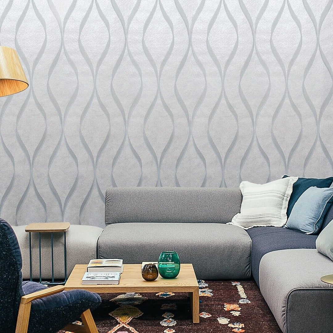 Contemporary Gray off White Cream Tiles Wavy Lines Textured Waves ...