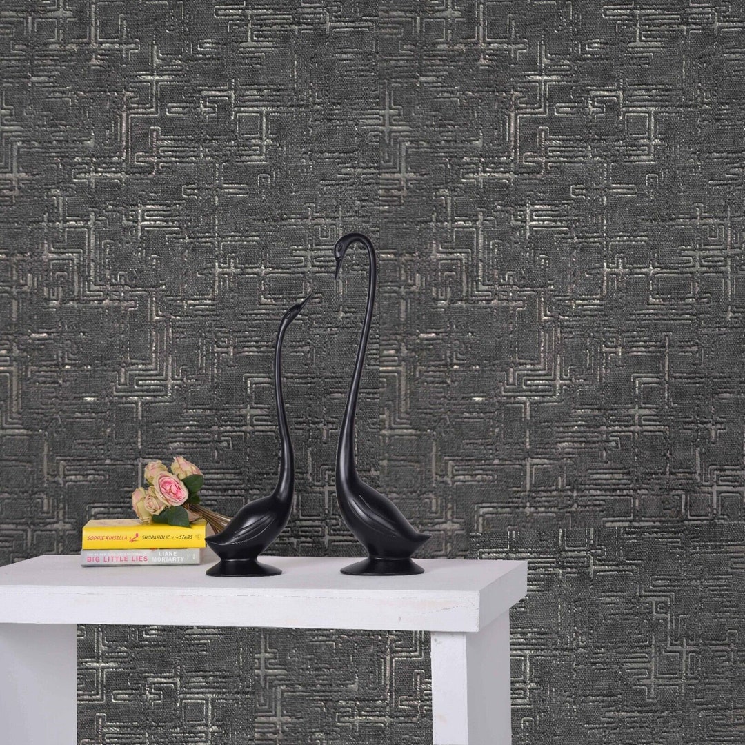 Dark Gray Metallic Distressed Labyrinth Lines Faux Fabric Textured ...