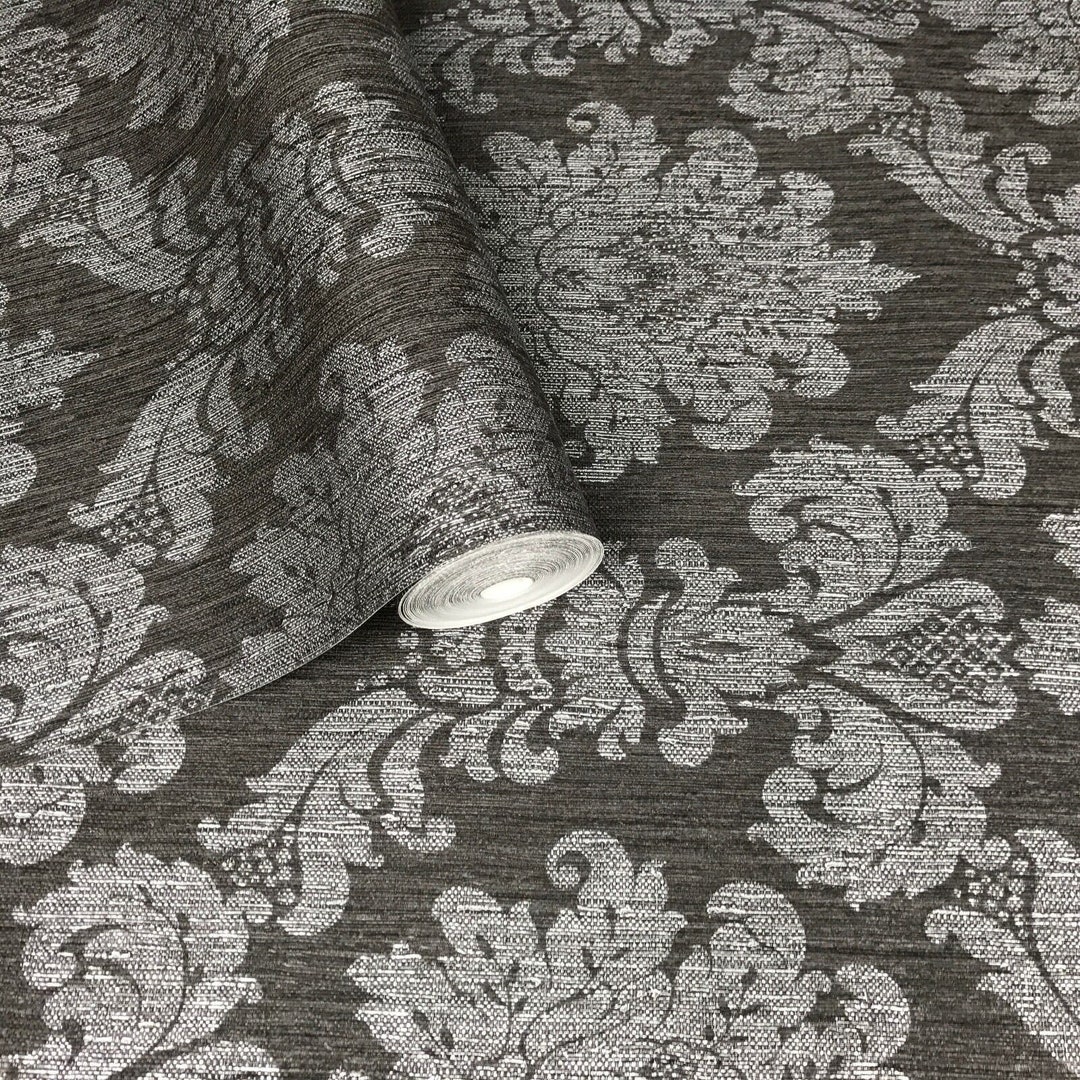 Wallpaper Black Silver Metallic Damask Textured Faux Grasscloth ...