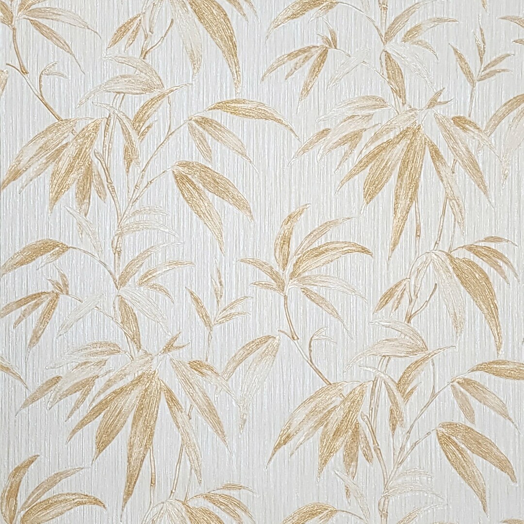 Ivory off White Ginger Gold Faux Fabric Floral Plants Leaves Textured ...