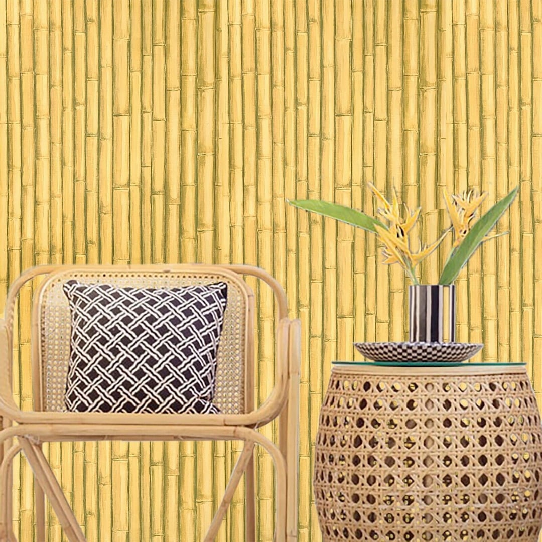 Yellow Brown Bamboo Pattern Wallpaper Roll Modern Tropical Vinyl ...