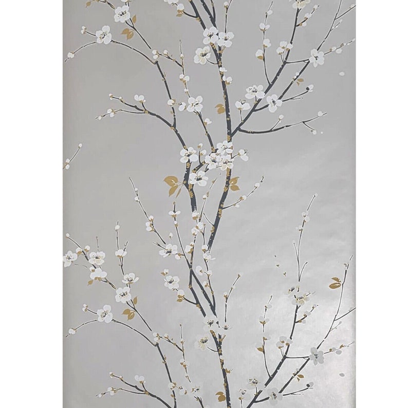 Monterey Silver Metallic Mist Floral Gray Trees Branches White Flowers ...