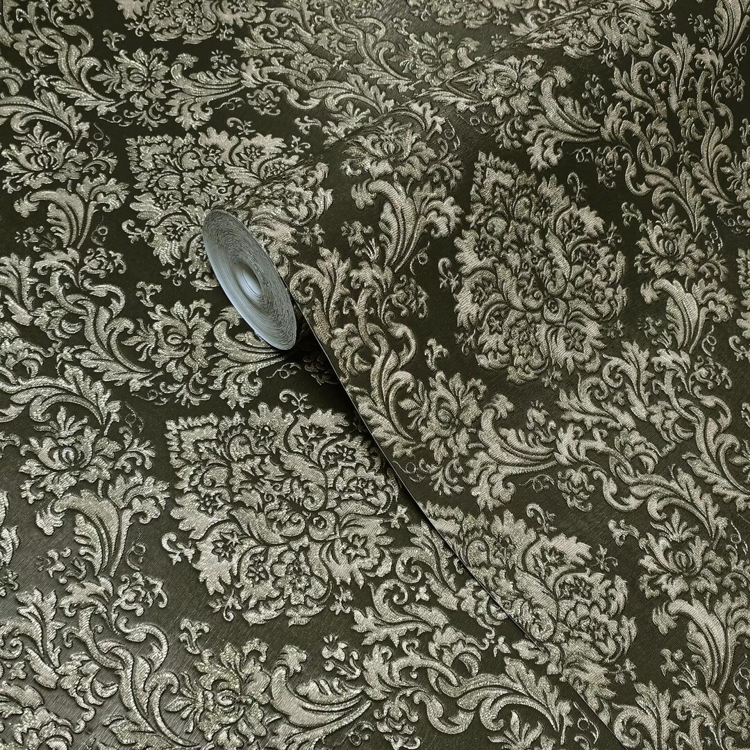 Dark Gray Bronze Gold Metallic Victorian Damask Faux Fabric Textured ...