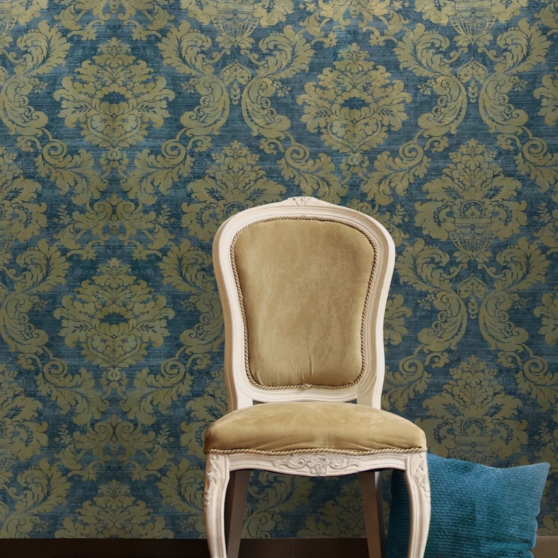 Blue and Gold Damask Wallpaper - Etsy