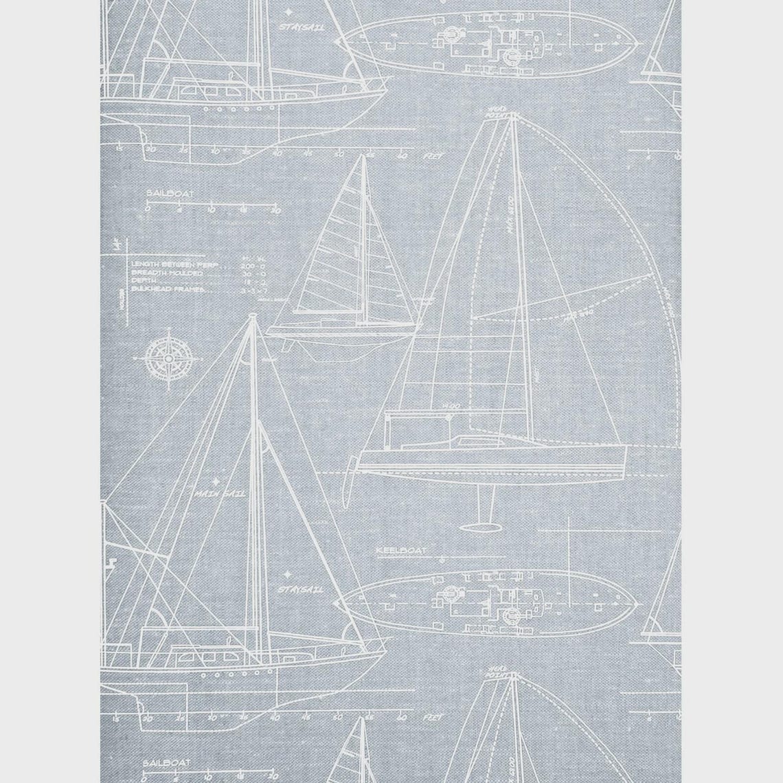 Baby Blue Nautical Blueprint Sailing Boat Coastal Marine Drawings ...