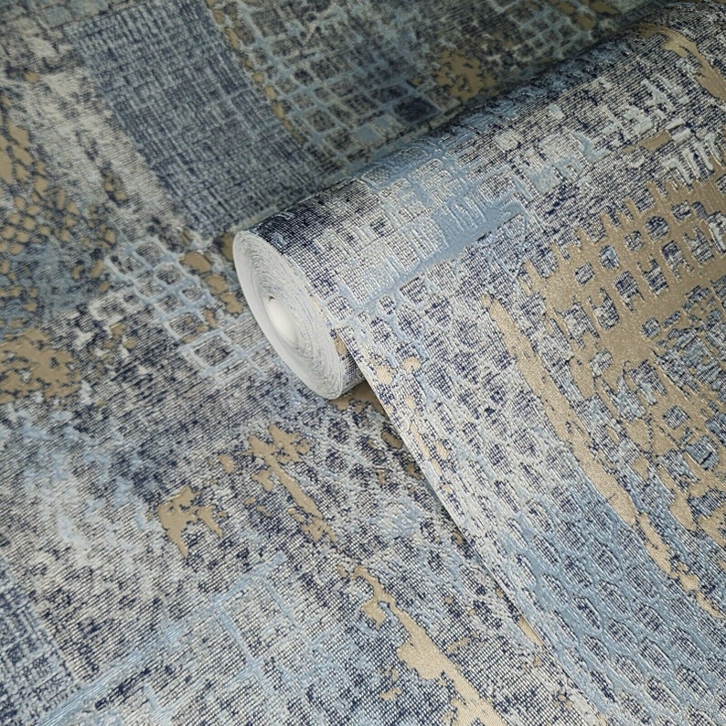 Abstract Modern Embossed Blue Gray Gold Metallic Faux Fabric Textured ...