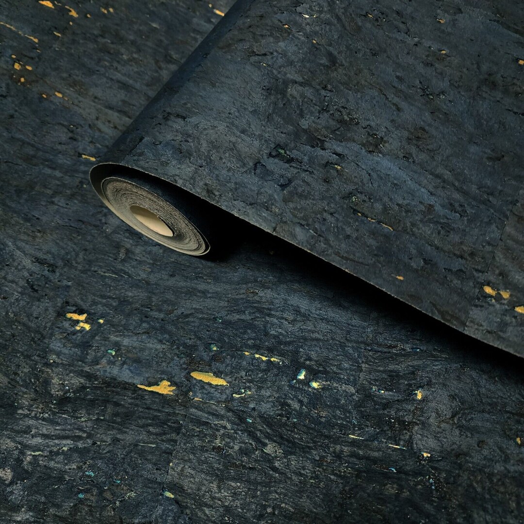 Real Natural Cork Wallpaper Textured Dark Navy Blue Gold Metallic ...