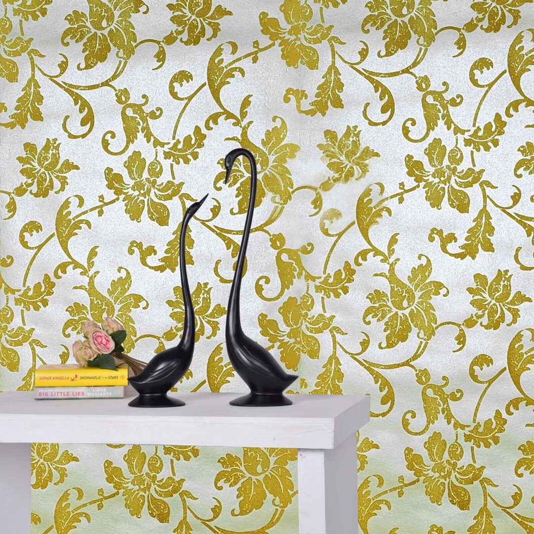 Flocking Champagne Cream Yellow Floral Damask Velvet Flocked Wallpaper ...