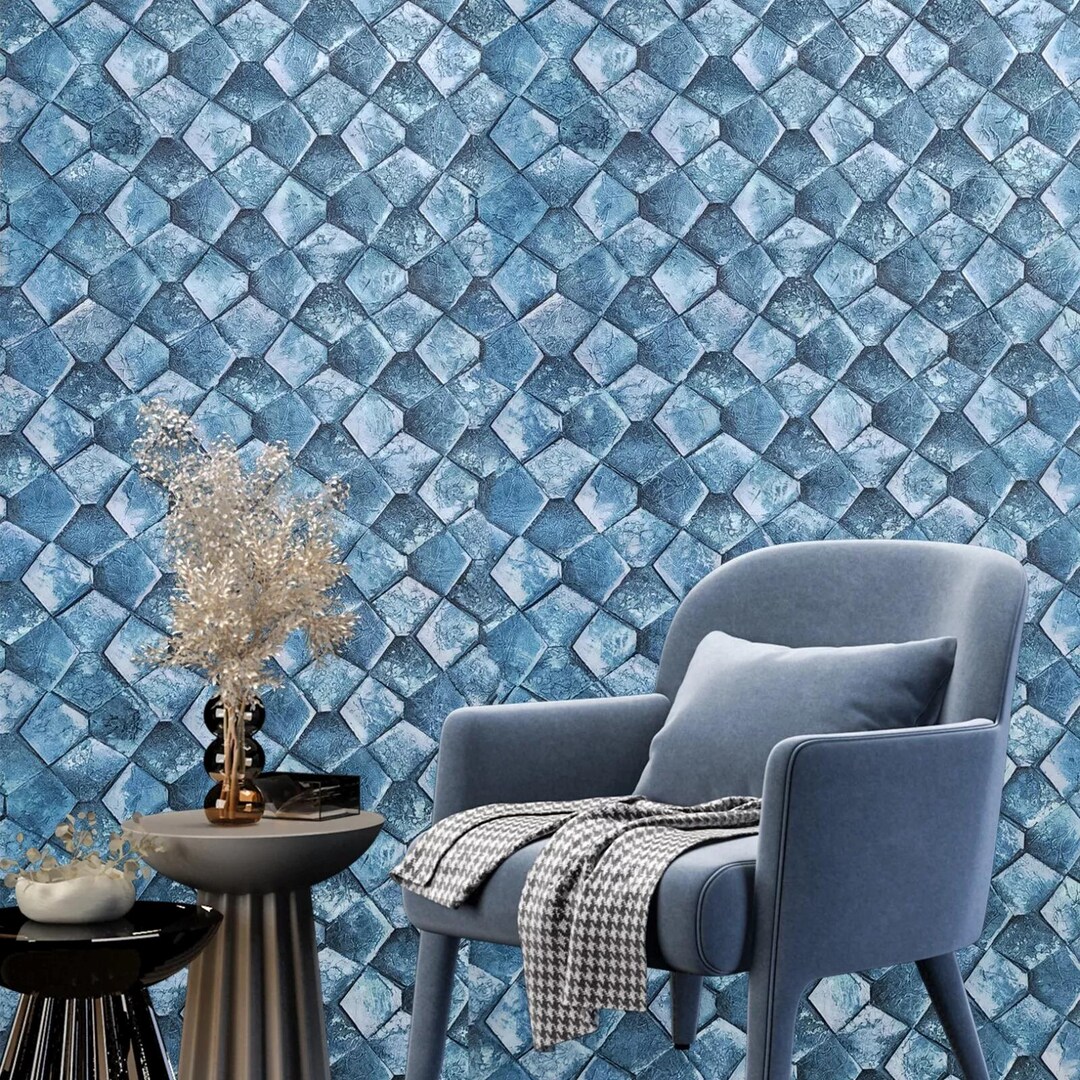 Embossed Blue Faux Dragon Scales Plaster Tile Textured Modern Wallpaper ...